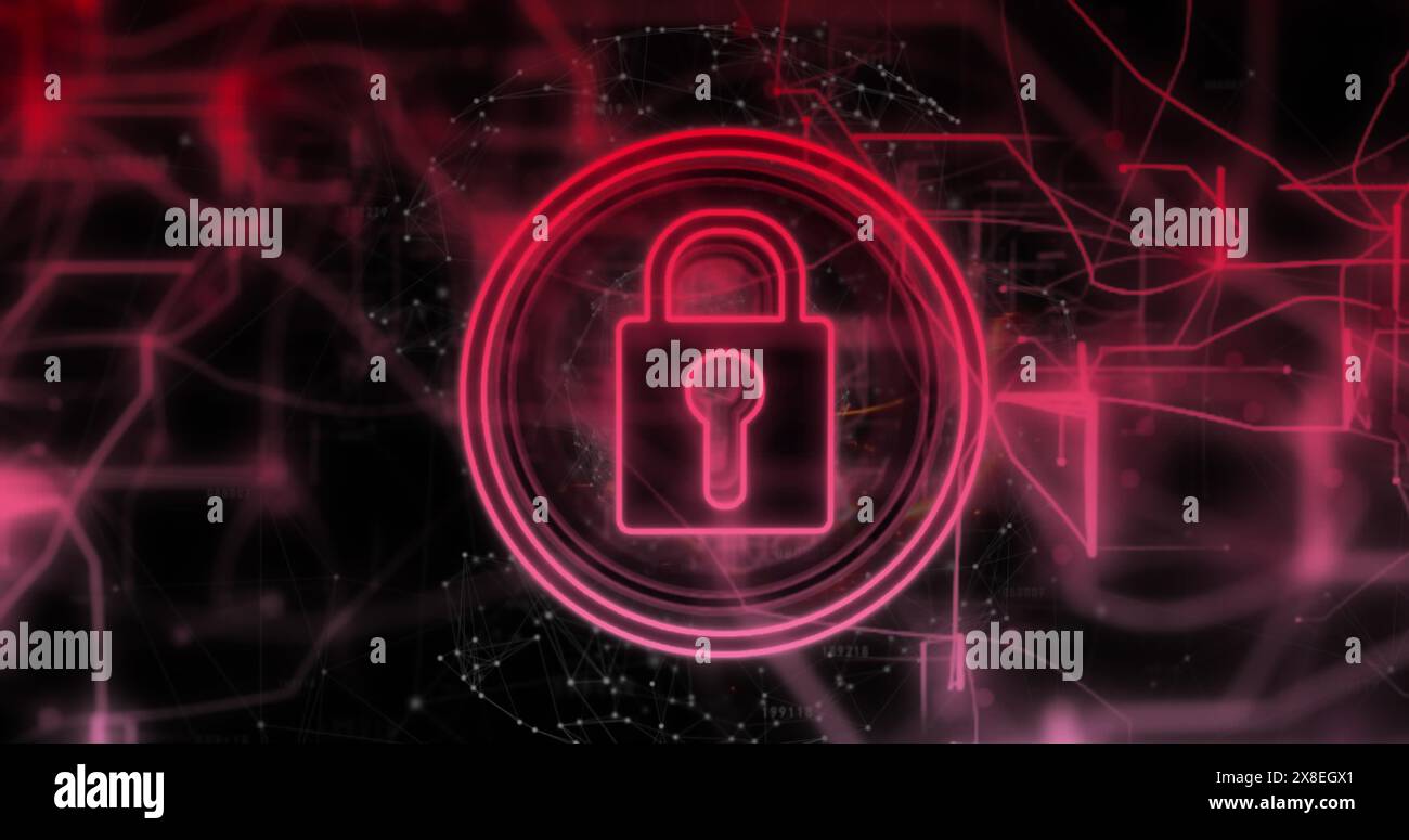 Image of padlock in circles and navigation pattern with dots forming globe over black background ...