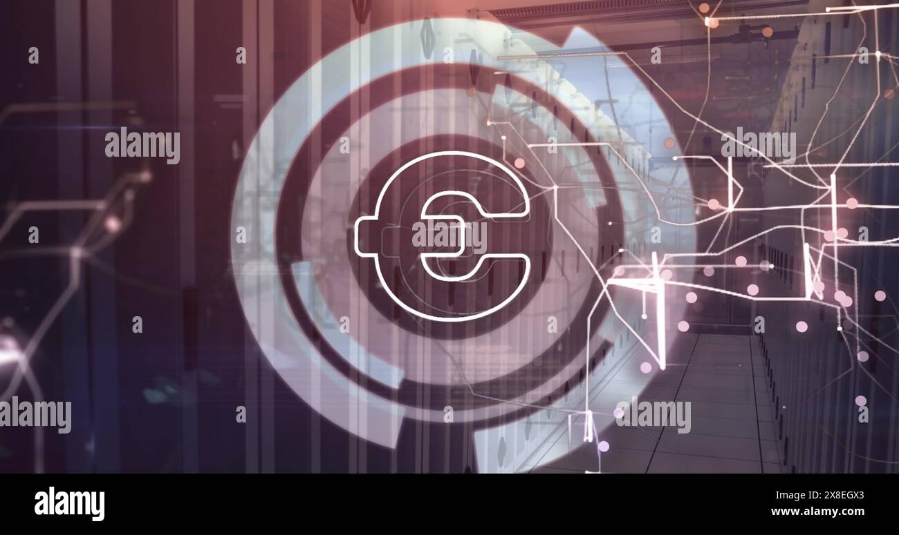 Image of euro symbol and circles with navigation pattern over server room Stock Photo - Alamy