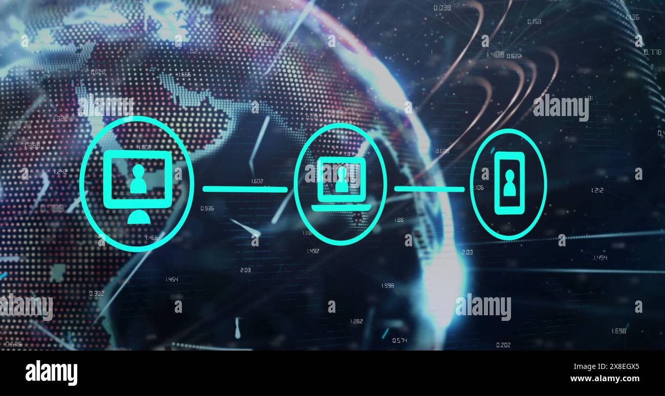 Image of flowchart of icons over changing numbers and lines on globe ...