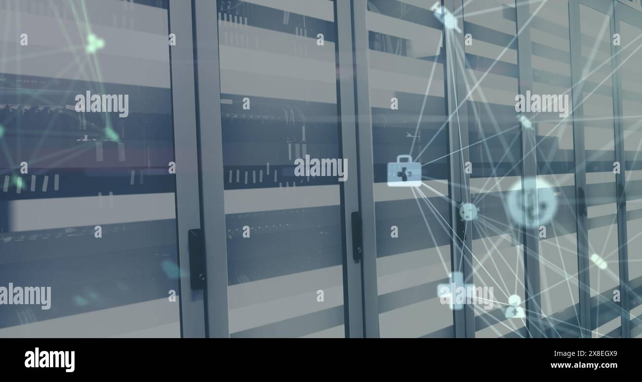 Image of spinning globes of medical icons and light trails against computer server room Stock ...