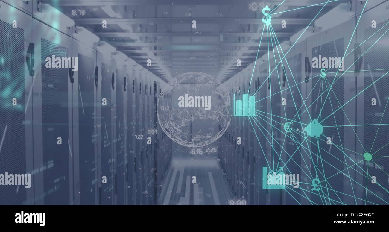 Image of network of digital icons, spinning globe and mosaic squares ...