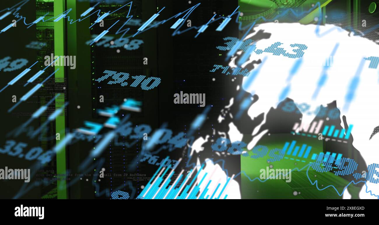 Image of multiple graphs, rotating globe and trading board over data server room Stock Photo - Alamy