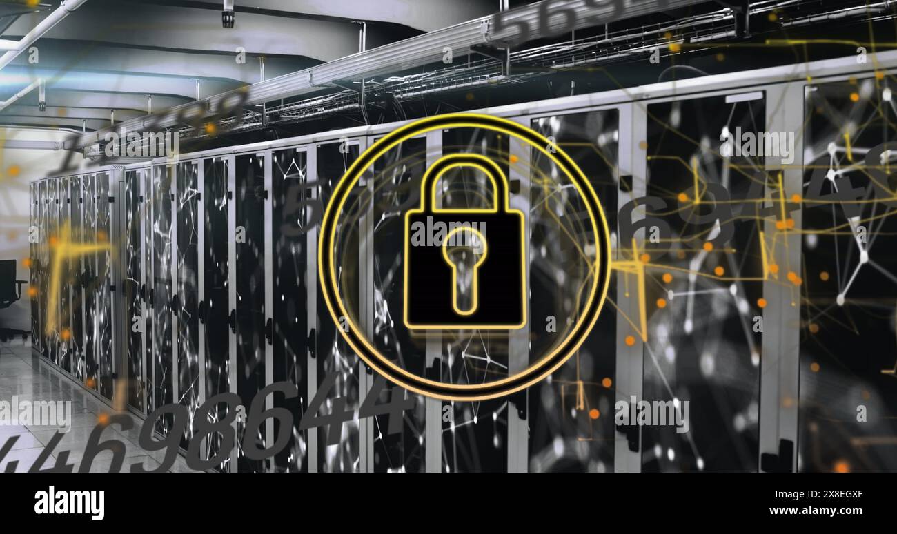 Image of padlock in circle and changing numbers over connected dots on ...