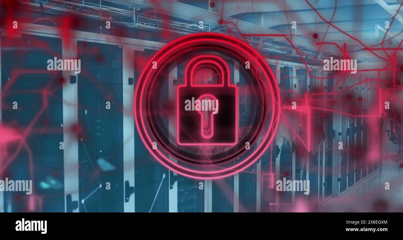 Image of padlock in circle, navigation pattern over connected dots on data server systems Stock ...