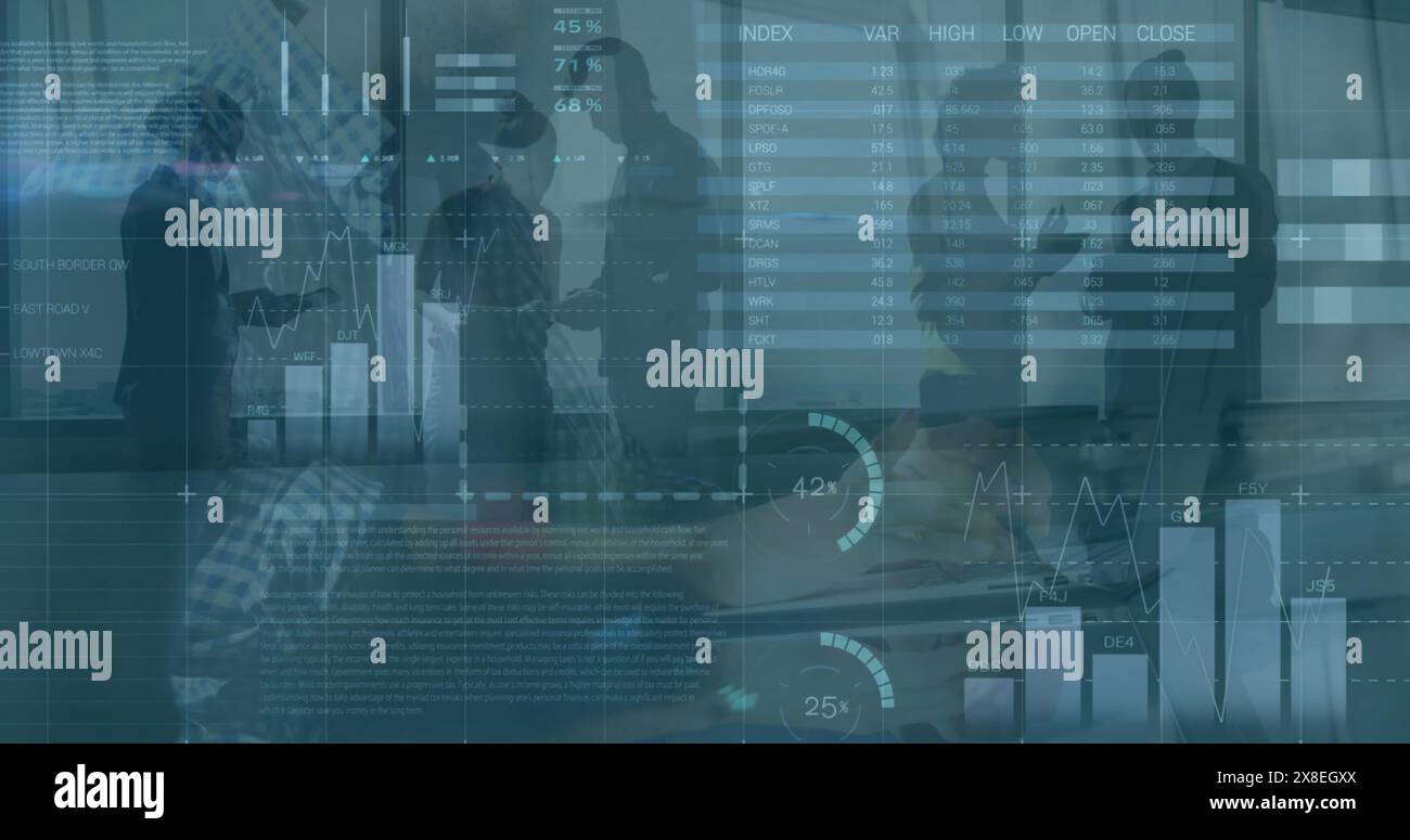 Image of infographic interface and diverse people discussing in office ...