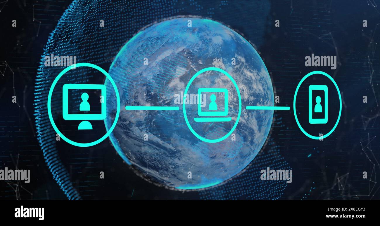 Three green digital icons with a computer interface on a glowing blue ...