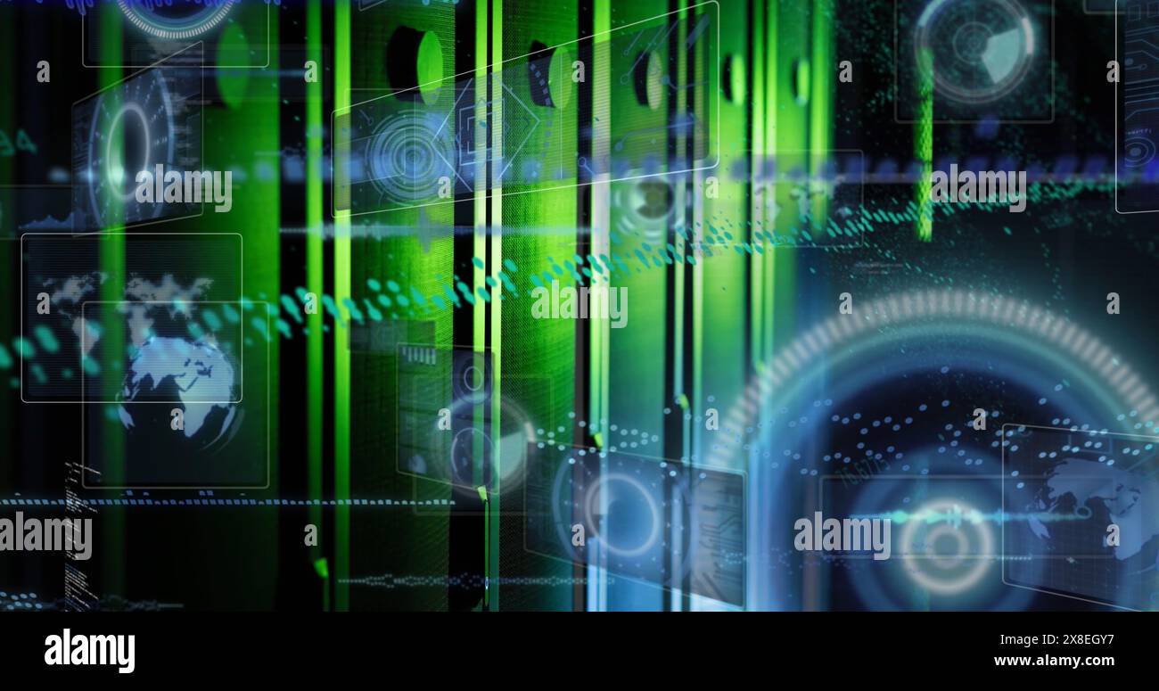 Image of graph, maps, globes, radar and computer language over data ...