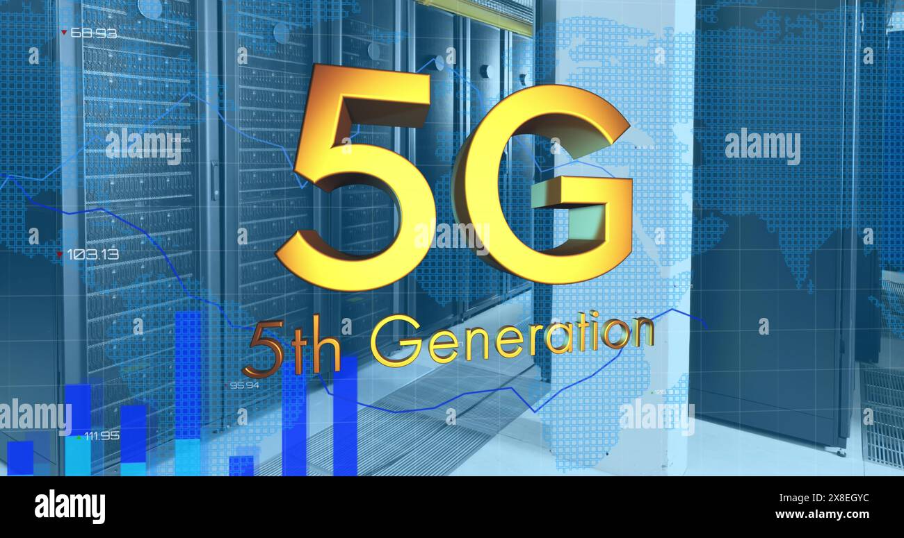 Image of 5g, 5th generation text with graphs, changing numbers, map over data server room Stock ...