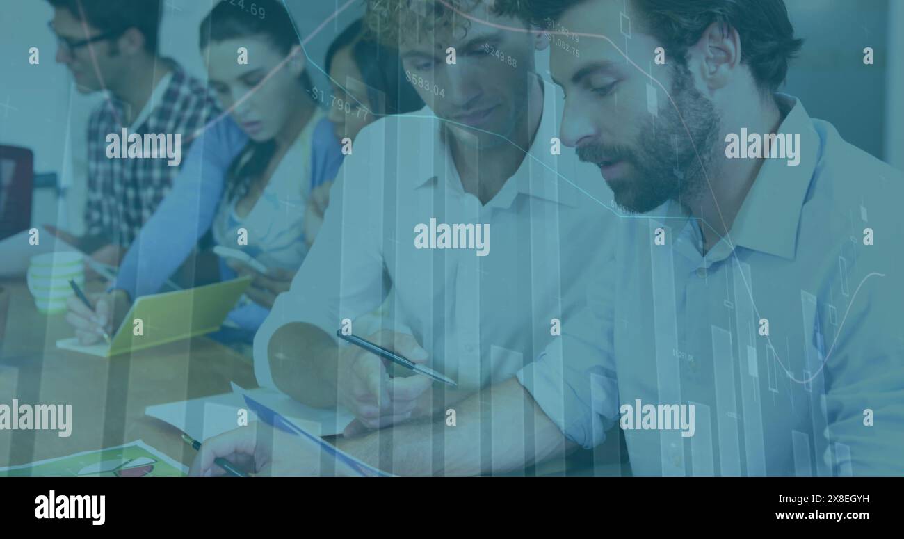 Image Of Statistical Data Processing Over Two Diverse Men Discussing Over Documents At Office