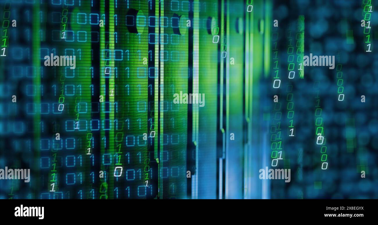 Image of falling binary codes over data server racks in server room ...