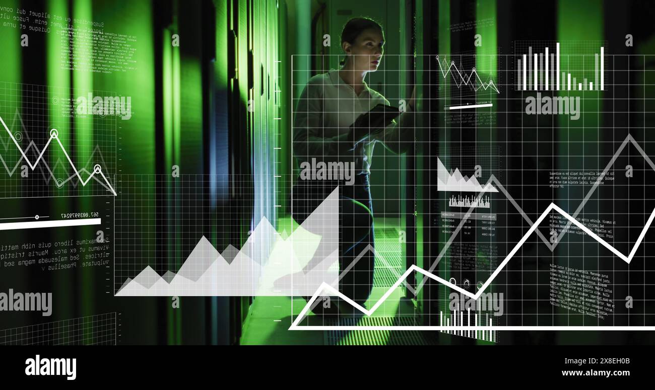 Image Of Statistical Data Processing Over Caucasian Female Engineer Using Tablet At Server Room