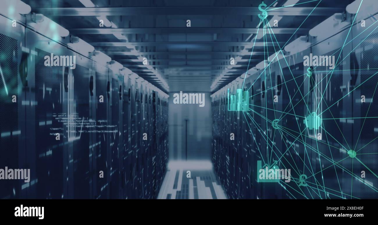 Image of network of digital icons, data processing and mosaic squares against server room Stock ...