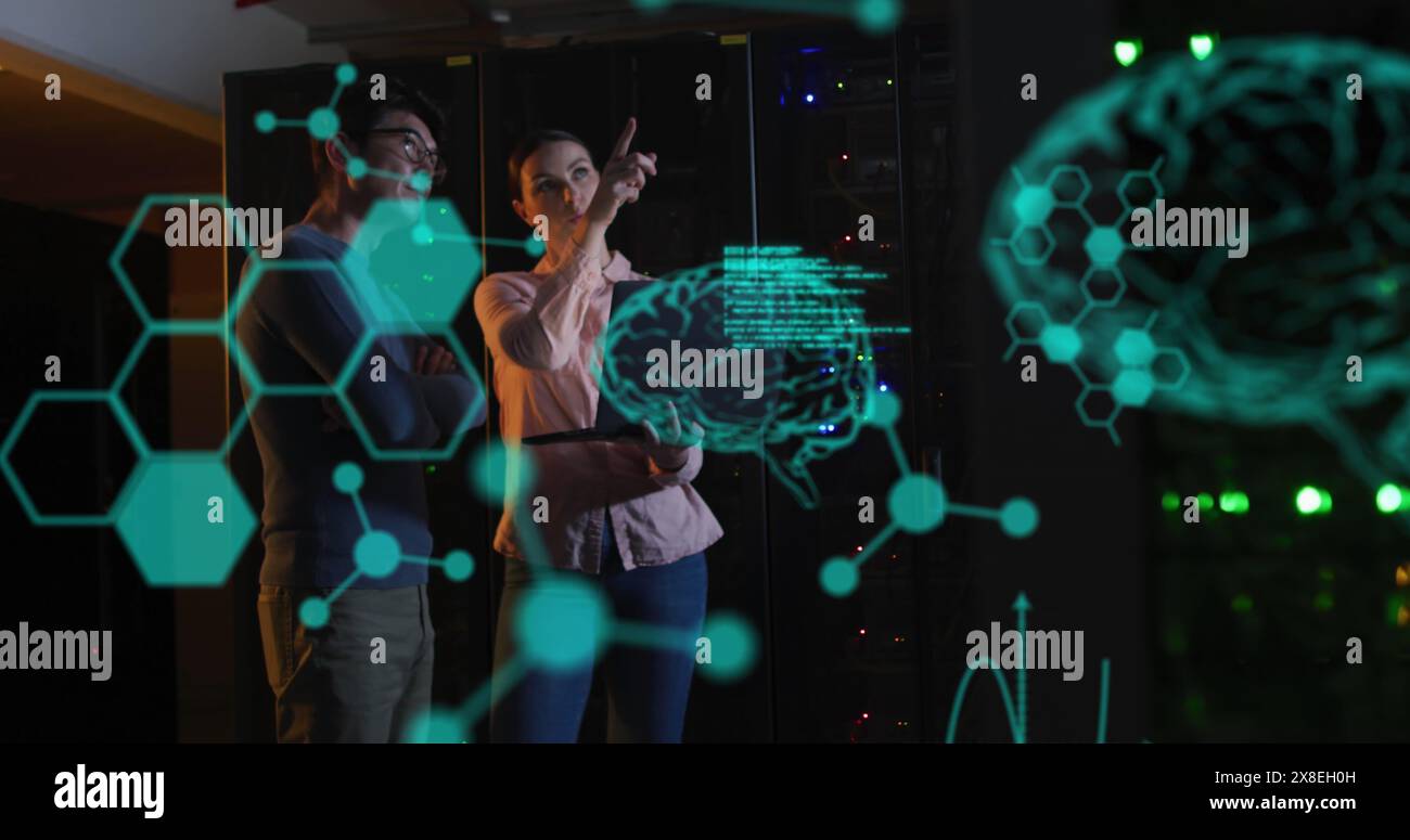 Image Of Medical Data Processing Over Diverse Male Female Engineers Discussing At Server Room 