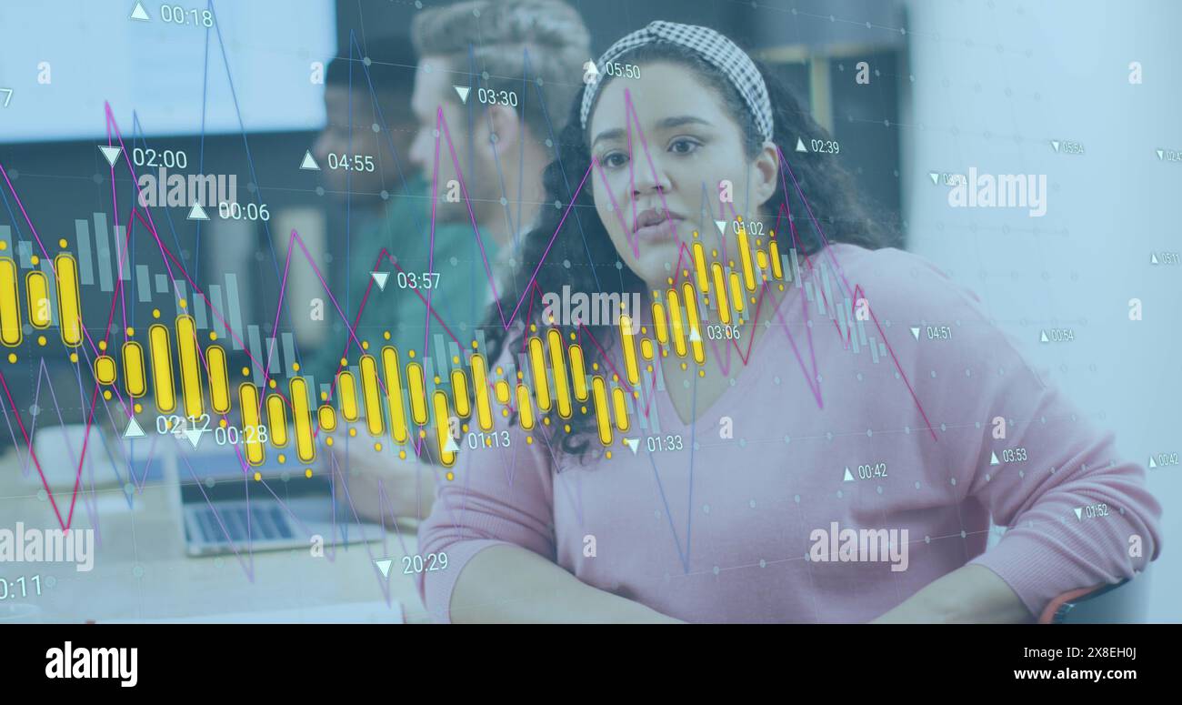 Image of statistical data processing against biracial woman talking to ...