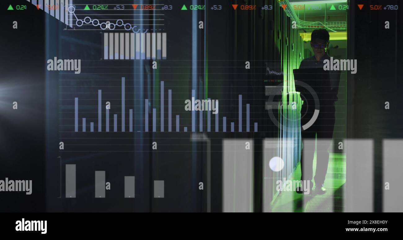 Image of statistical data processing over asian male engineer with ...