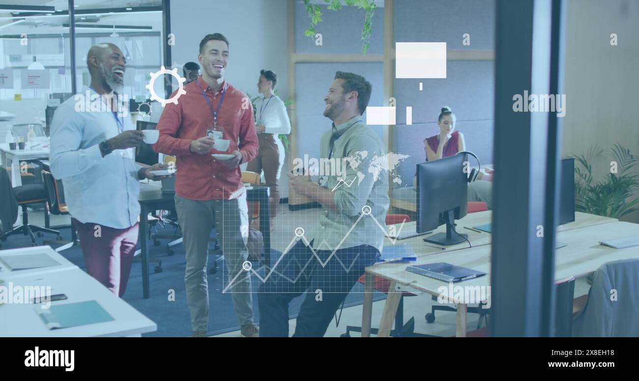 Image Of Statistical Data Processing Over Diverse Men Discussing While Having Coffee At Office