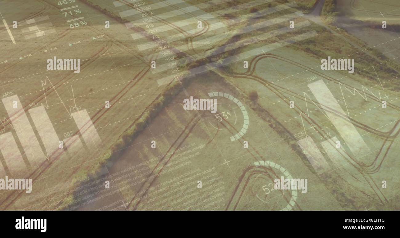 Image of infographic interface over aerial view of pattern on field ...