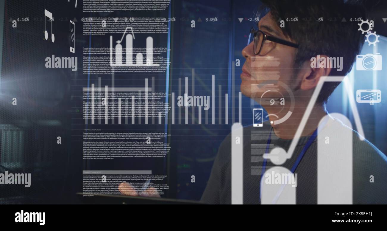 Image Of Statistical Data Processing Against Asian Male Engineer Using Tablet At Server Room