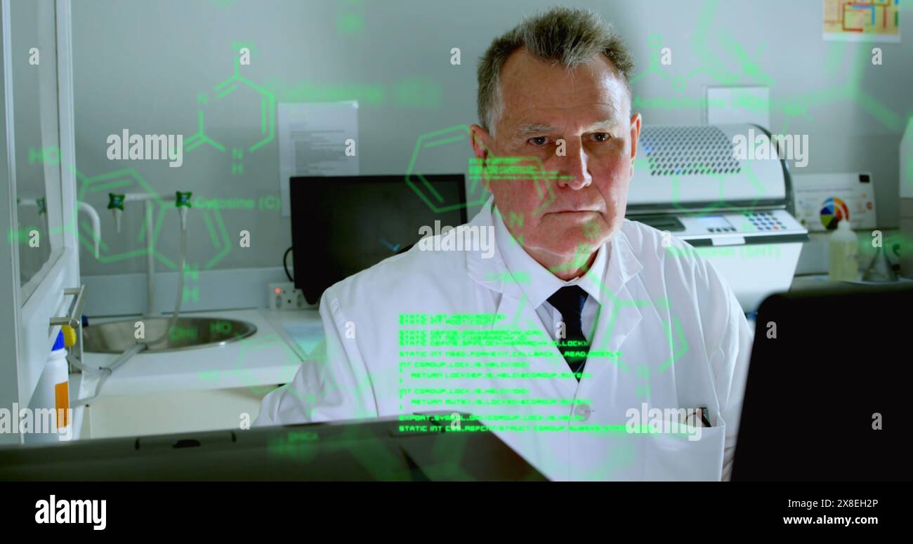 Image of medical data processing against caucasian male scientist ...
