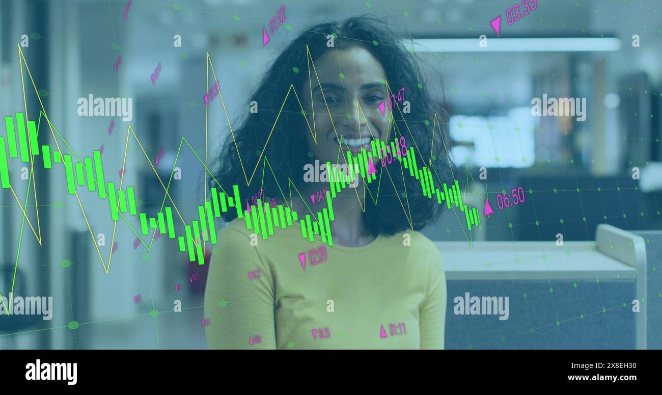 Image of data processing against portrait of african american woman ...