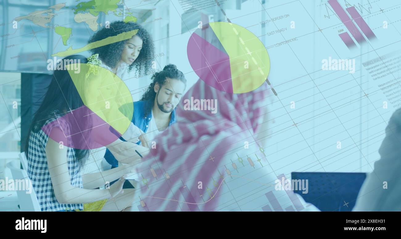 Image Of Statistical Data Processing Against Group Of Diverse Colleagues Discussing At Office