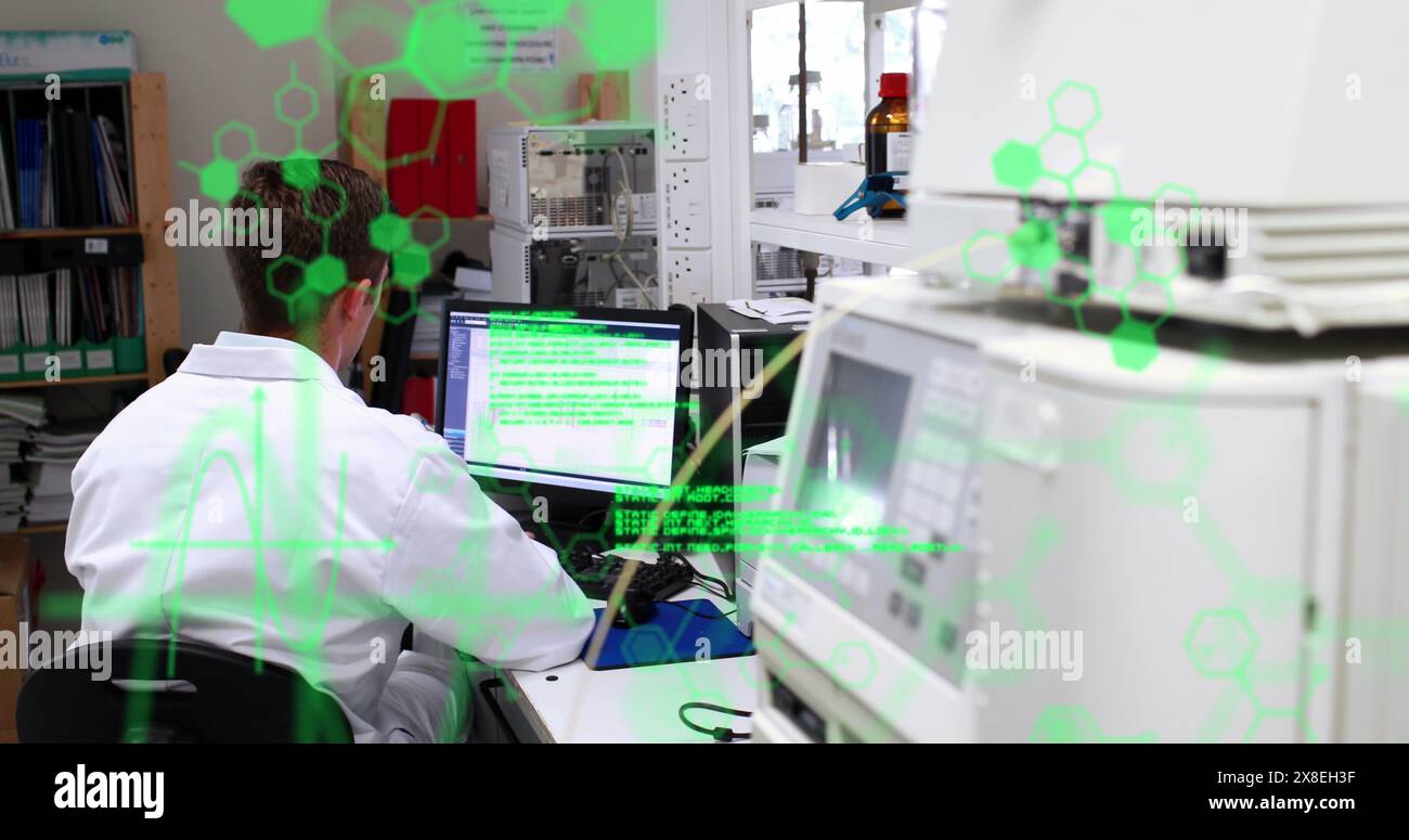 Image of data processing against rear view of male scientist using computer at laboratory Stock ...