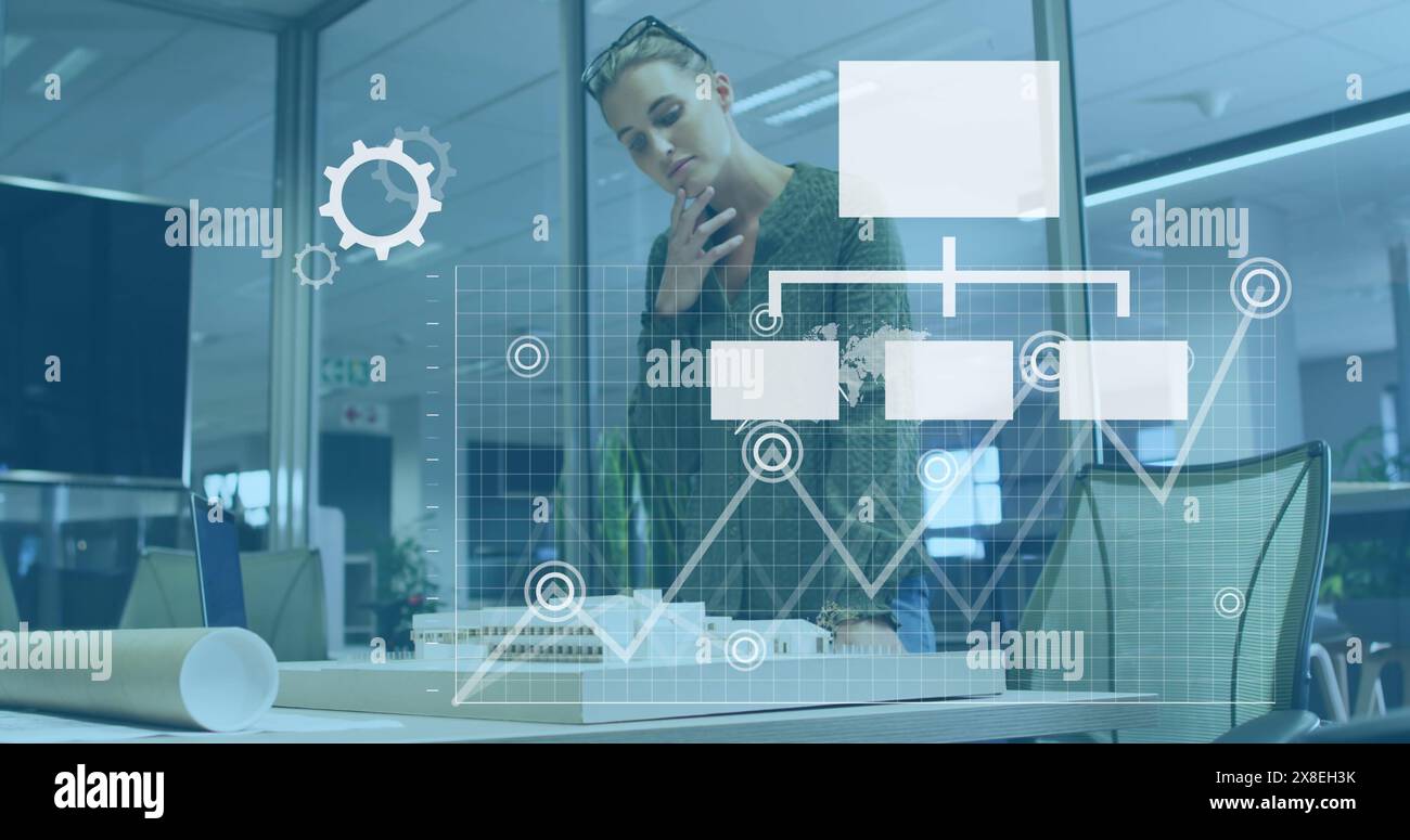 Image Of Statistical Data Processing Over Thoughtful Caucasian Woman Working On A Plan At Office