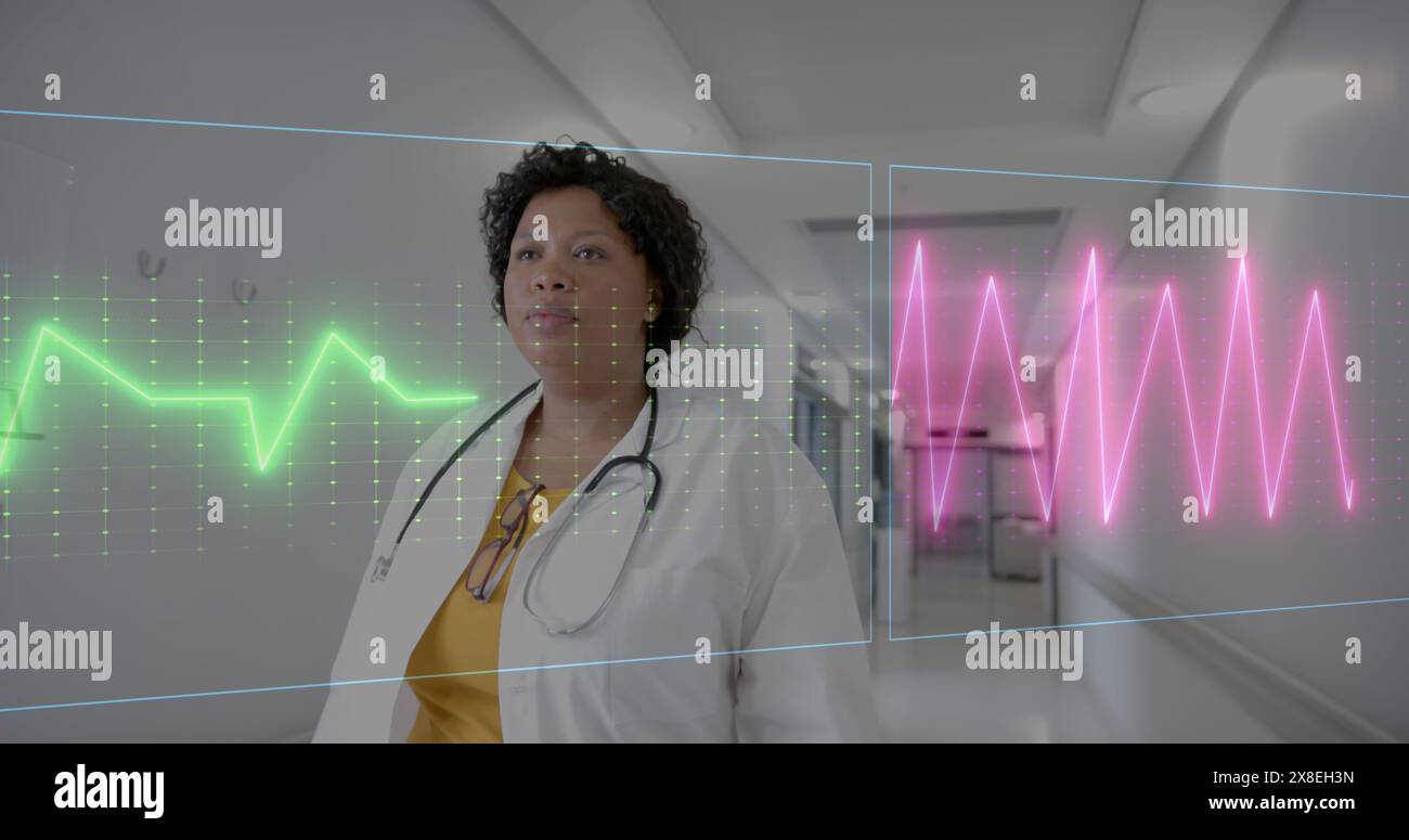 Image of heart rate monitor over african american female doctor walking ...