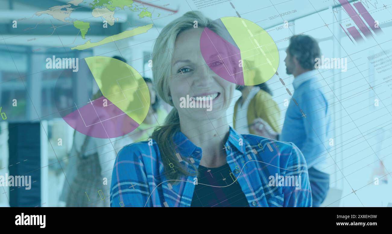 Image Of Statistical Data Processing Over Portrait Of Caucasian Senior Woman Smiling At Office