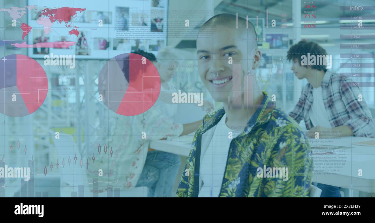 Image Of Statistical Data Processing Against Portrait Of Biracial Man