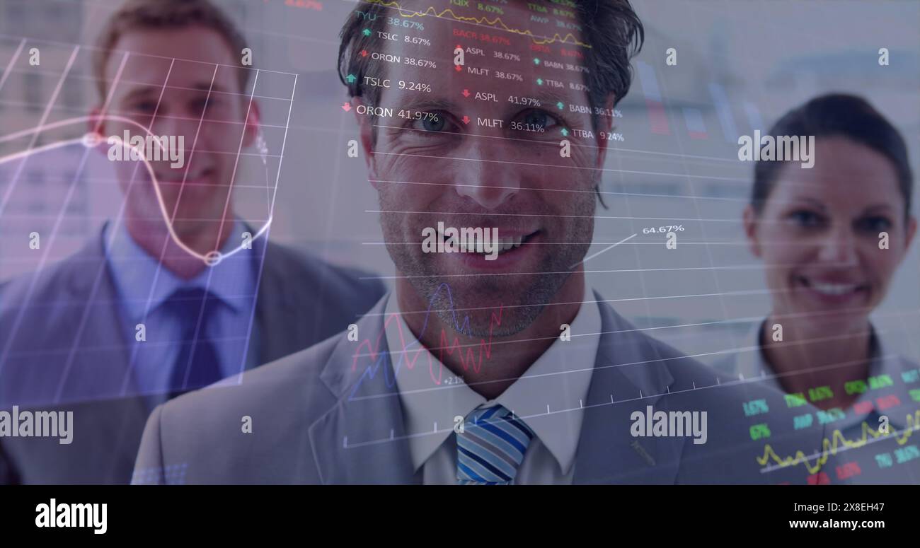 Image of stock market data processing over portrait of diverse ...