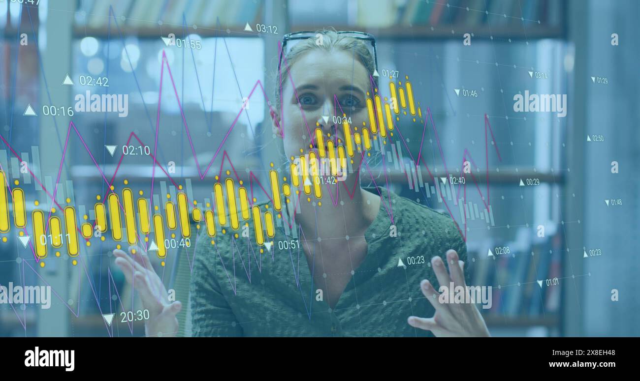 Image Of Data Processing Against Portrait Of Caucasian Woman Talking On Image Call At Office