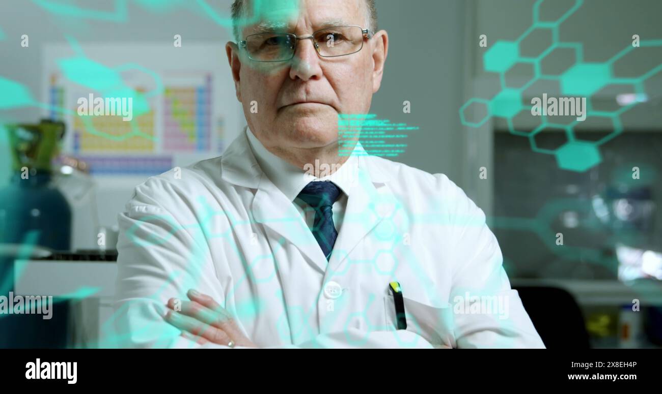 Image of medical data processing over caucasian senior male scientist ...