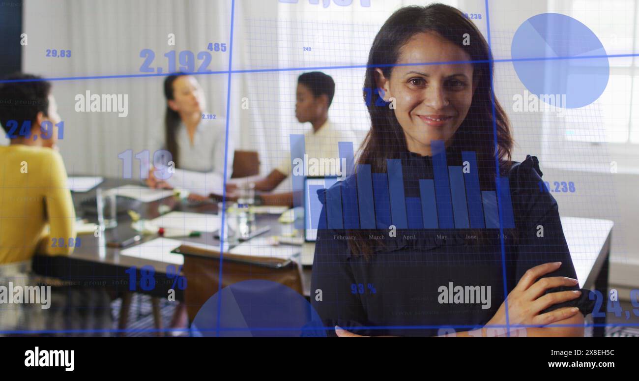 Image of statistical data processing against portrait of biracial woman ...