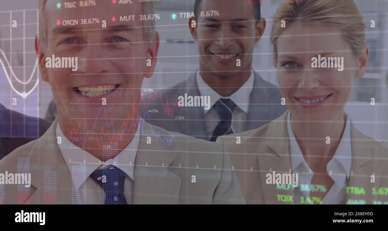 Image of stock market data processing over portrait of diverse ...