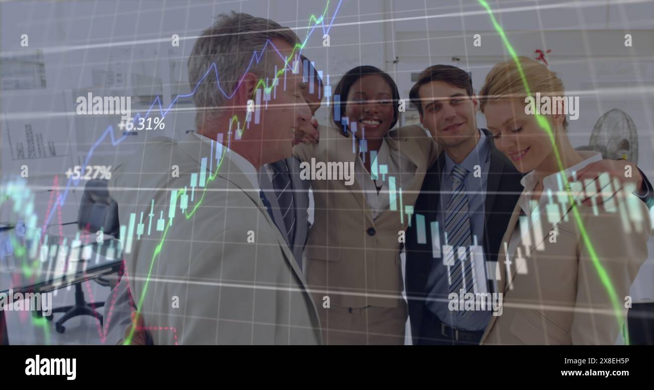 Image of financial data processing against diverse businesspeople ...