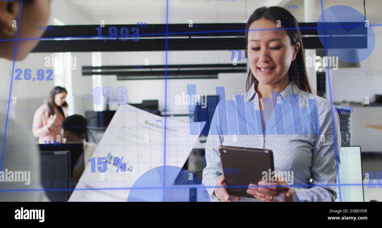Image Of Statistical Data Processing Against Asian Woman Discussing