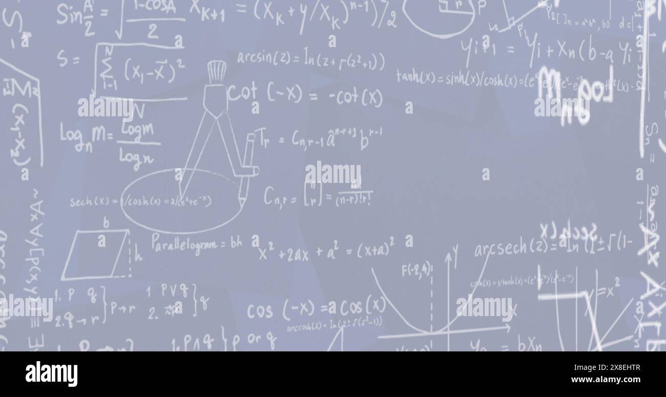 Image of mathematical equations and diagrams over blue background Stock Photo - Alamy