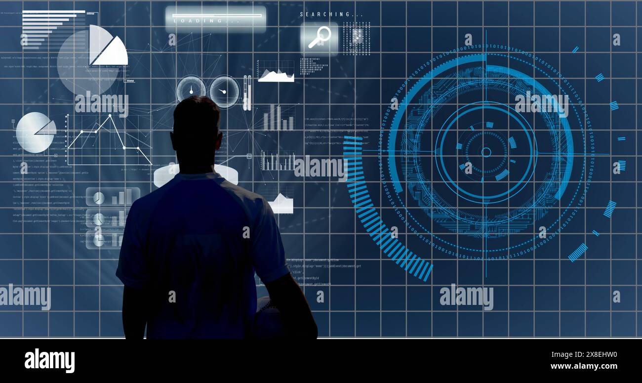 Image of rear view of male athlete with rugby ball looking at reports ...