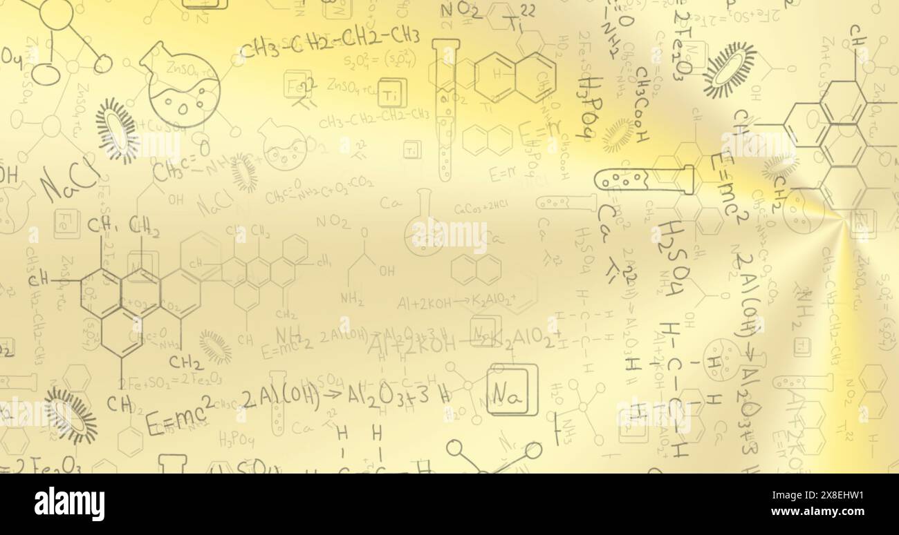 Image of chemical equations and multiple scientific drawings against ...