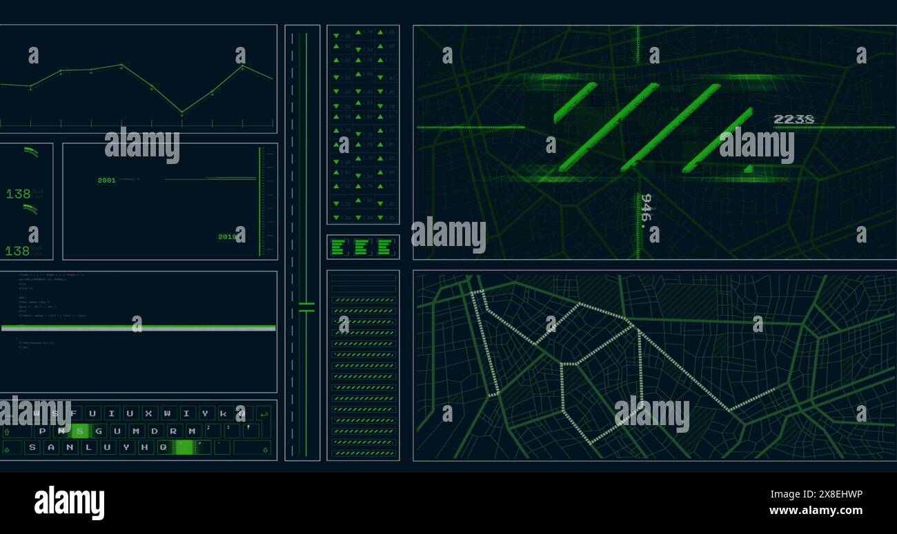 Image of green crystals over diagrams and map on black background Stock ...