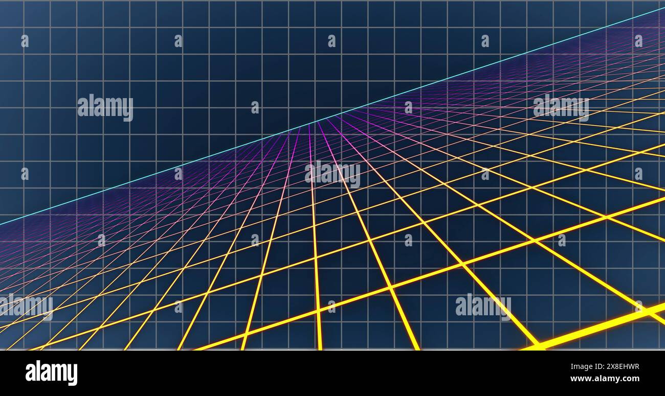 Image of multicolored digital grid pattern moving against black ...