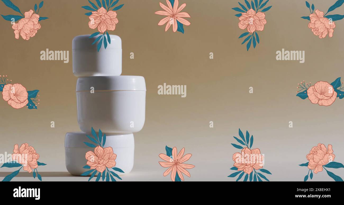 Image of frame of flowers with stack of white tubs and copy space over ...