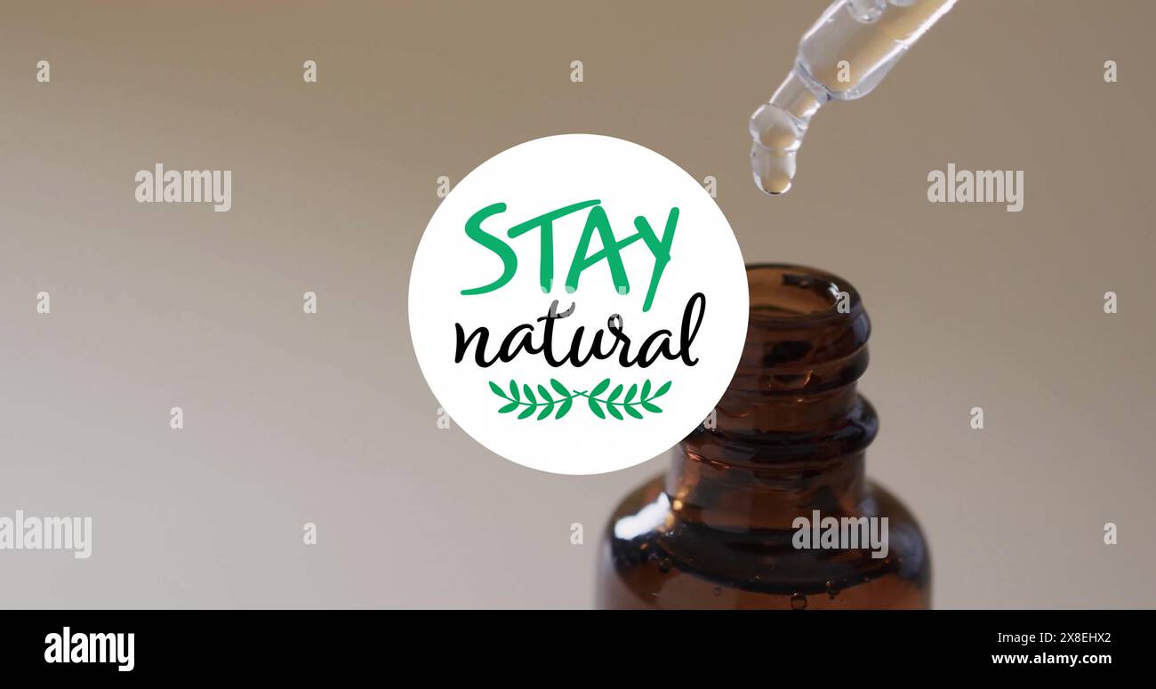Image of stay natural text and pipette with brown bottle over brown ...