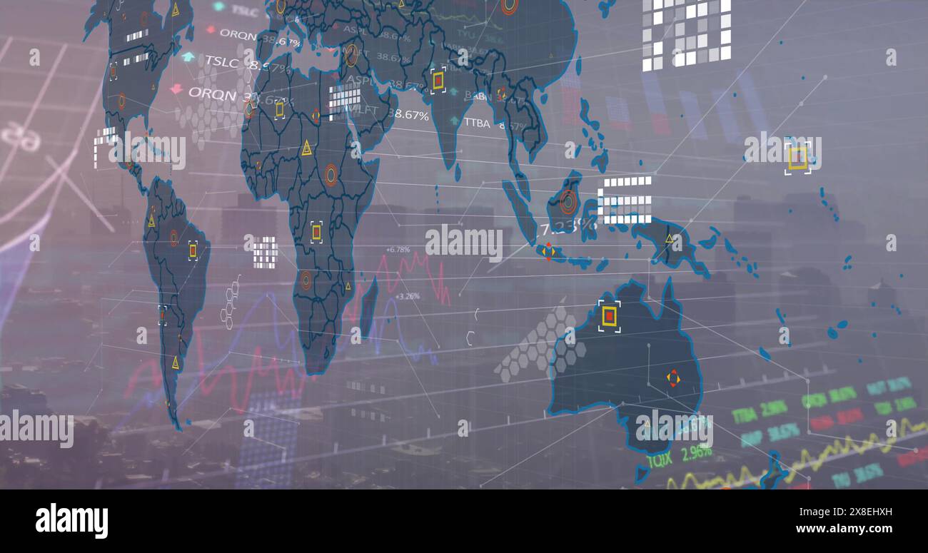 Image of data processing and world map over cityscape Stock Photo - Alamy