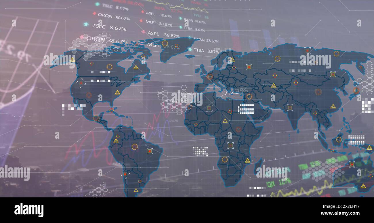 Image of data processing and world map over cityscape Stock Photo - Alamy