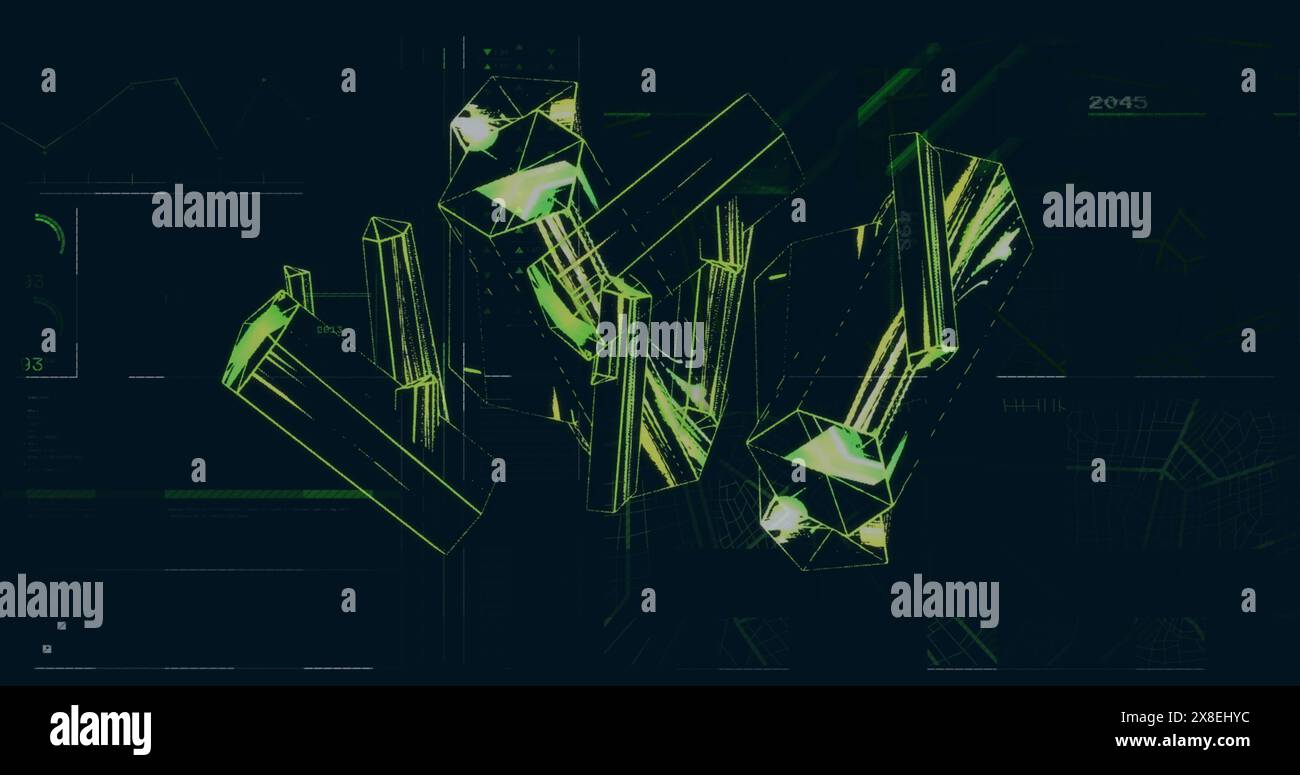 Image of green crystals over diagrams and map on black background Stock ...