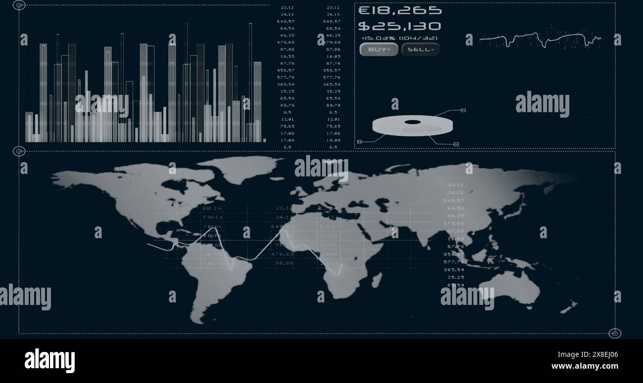Image of scope scanning over diagrams and world map on black background Stock Photo - Alamy