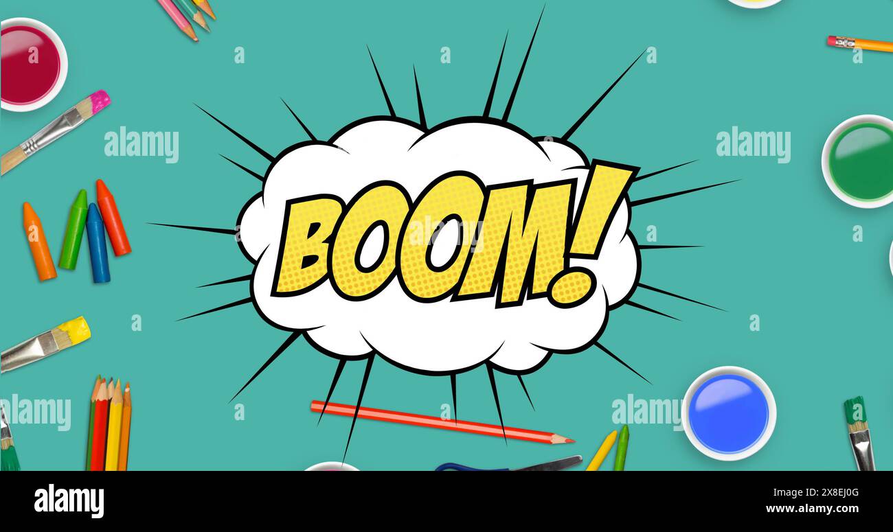 Image of boom text in yellow on explosion over art supplies on blue ...