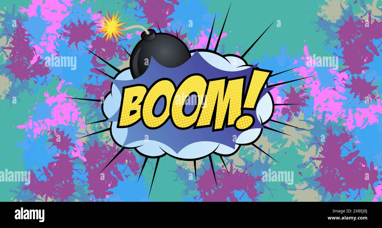 Image of boom text in yellow on bomb and explosion over colourful paint ...